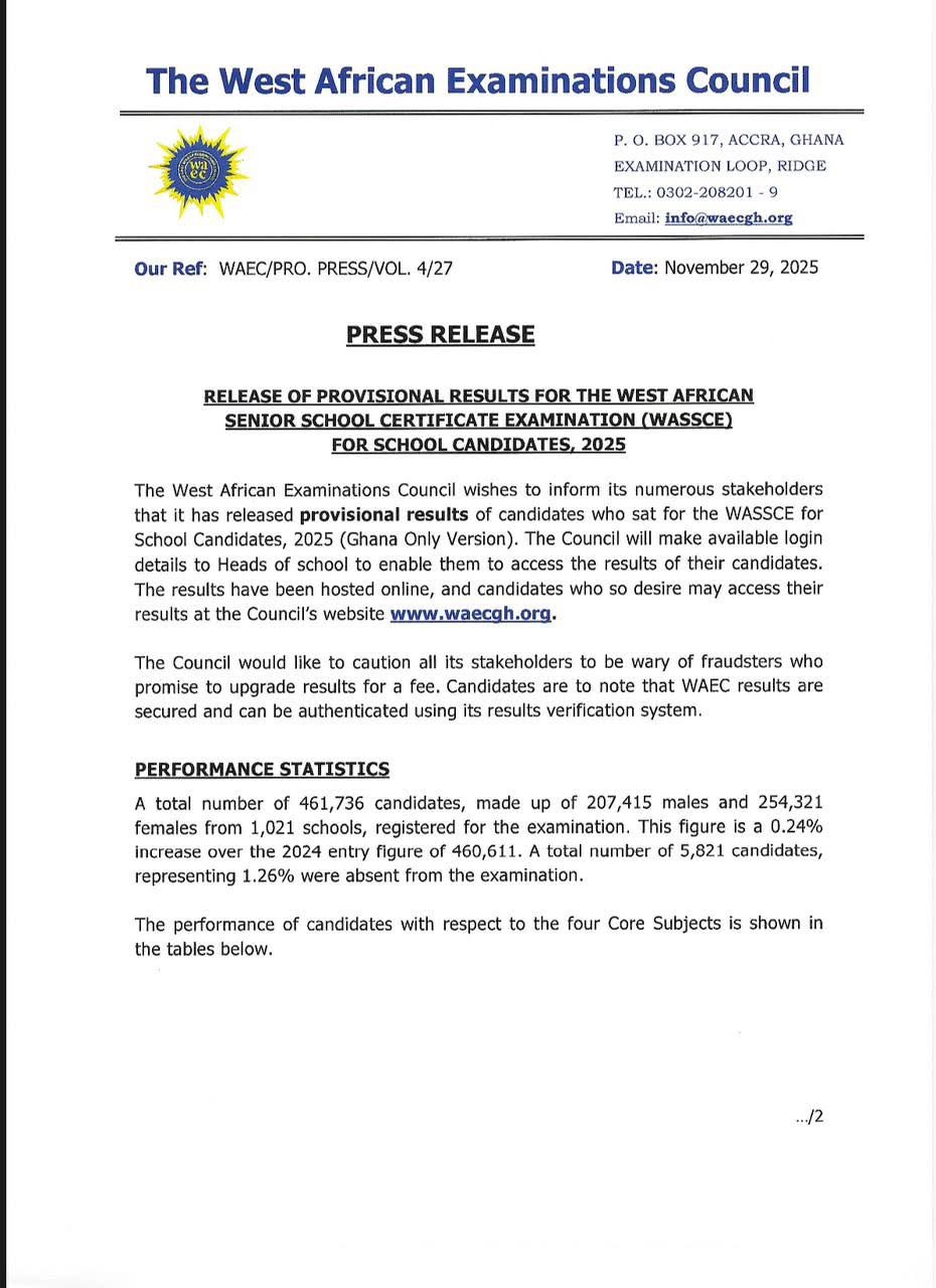 WAEC releases 2025 provisional WASSCE results - Radio Univers 105.7fm